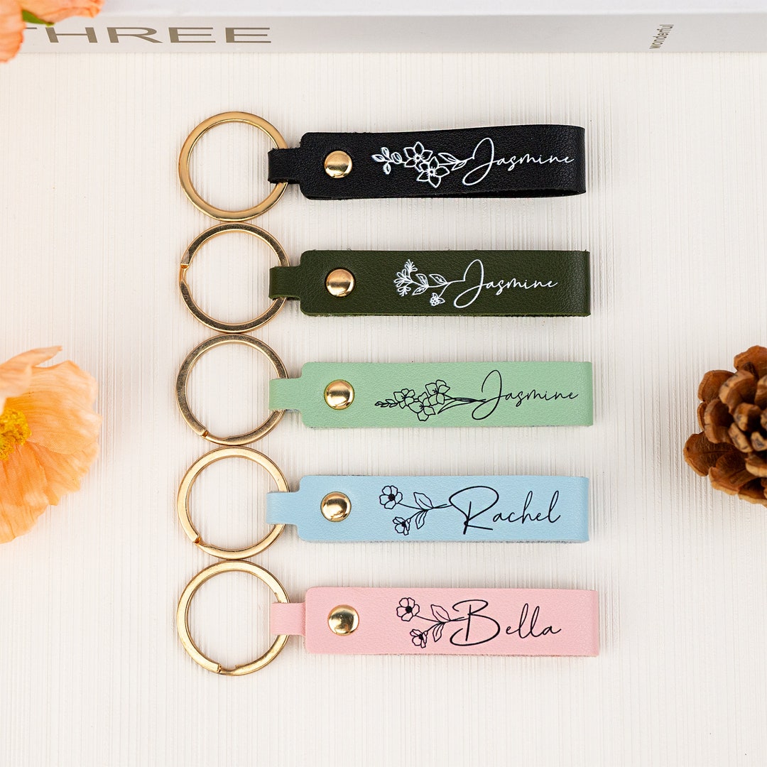 Personalized Birth Flower Leather Keychain,custom Leather Keyring ...