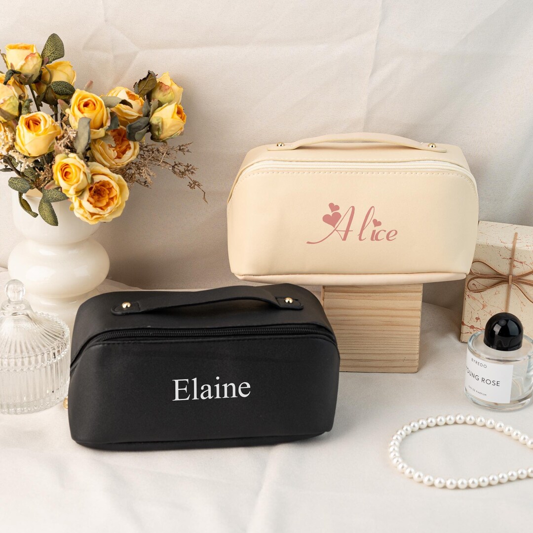 Personalized Leather Makeup Bag With Name, Custom Large Capacity ...