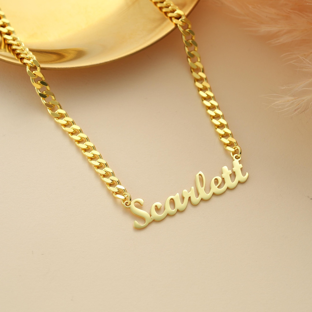 14K Gold Thick Curb Chain Name Necklace , Cuban Chain Name Necklace ...