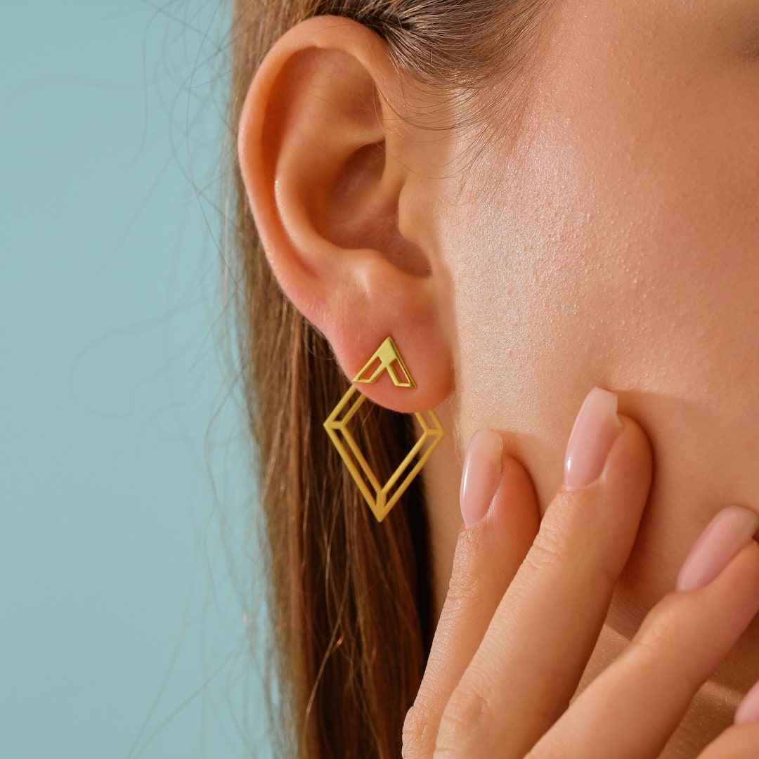 14K Gold Ear Jacket Rhombus Earrings , Gold Earrings , Geometric ...