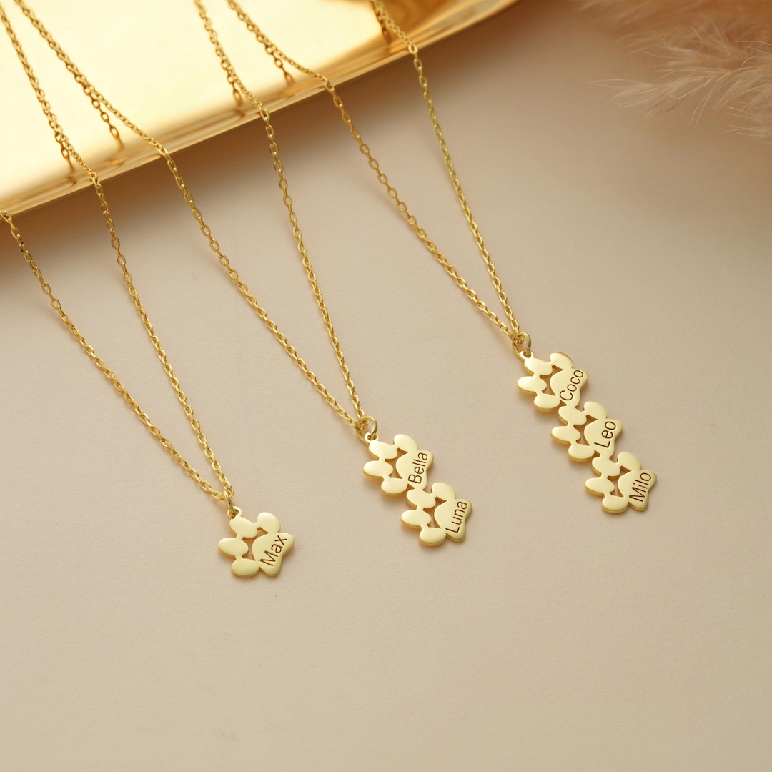 14K Gold Personalized Paw Name Necklace , Custom Paw Necklace , Paw ...