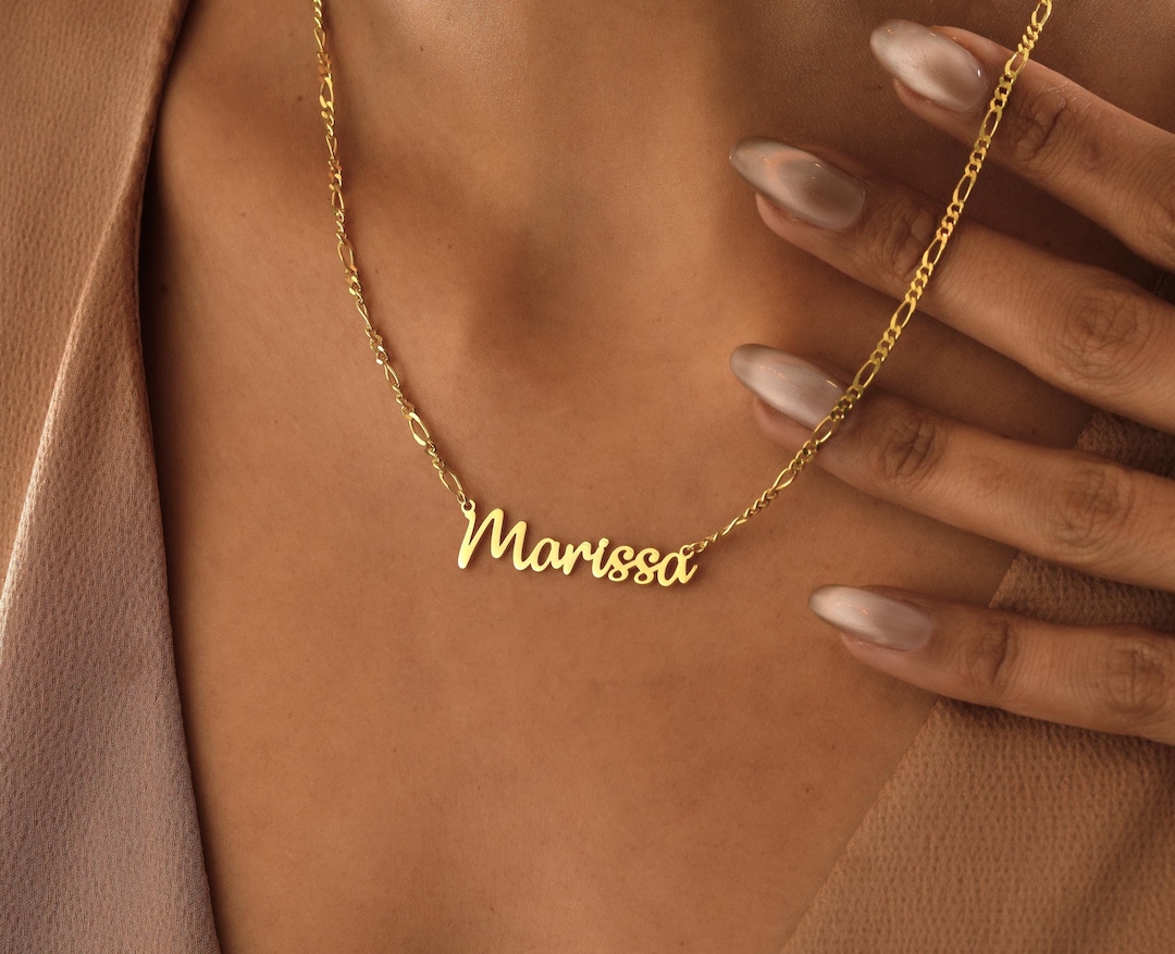 14K Gold Figaro Chain With Name Necklace , Custom Name Necklace , Gold ...