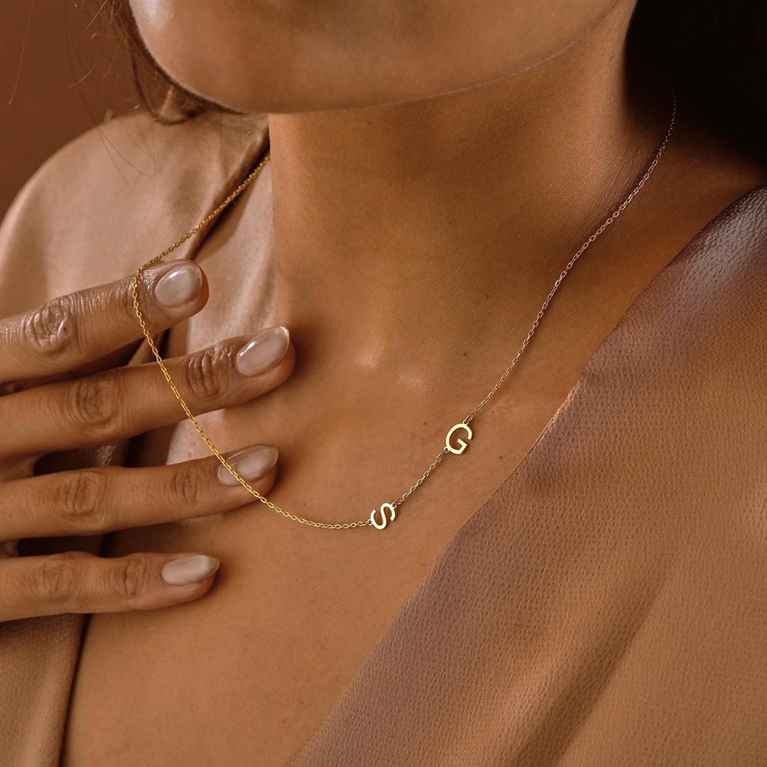 14K Gold Sideways Family Initials Necklace , Gold Initial Necklace ...