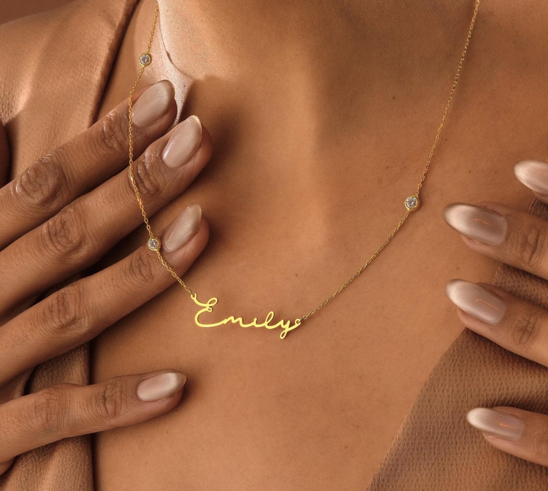 14K Gold Diamond Name Necklace: Personalized Station Chain - Etsy