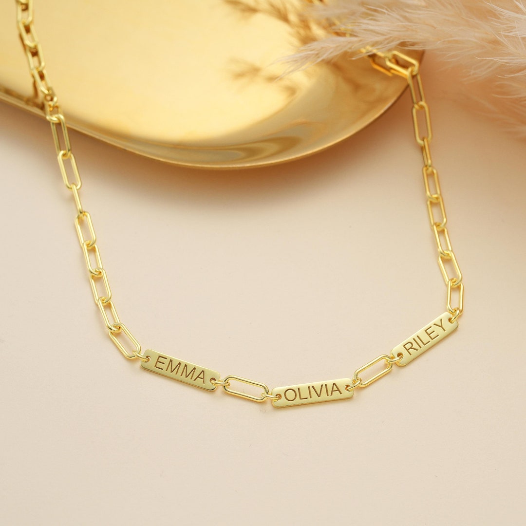 14K Gold Custom Link Chain Name Necklace , Paperclip Chain Bar Necklace ...