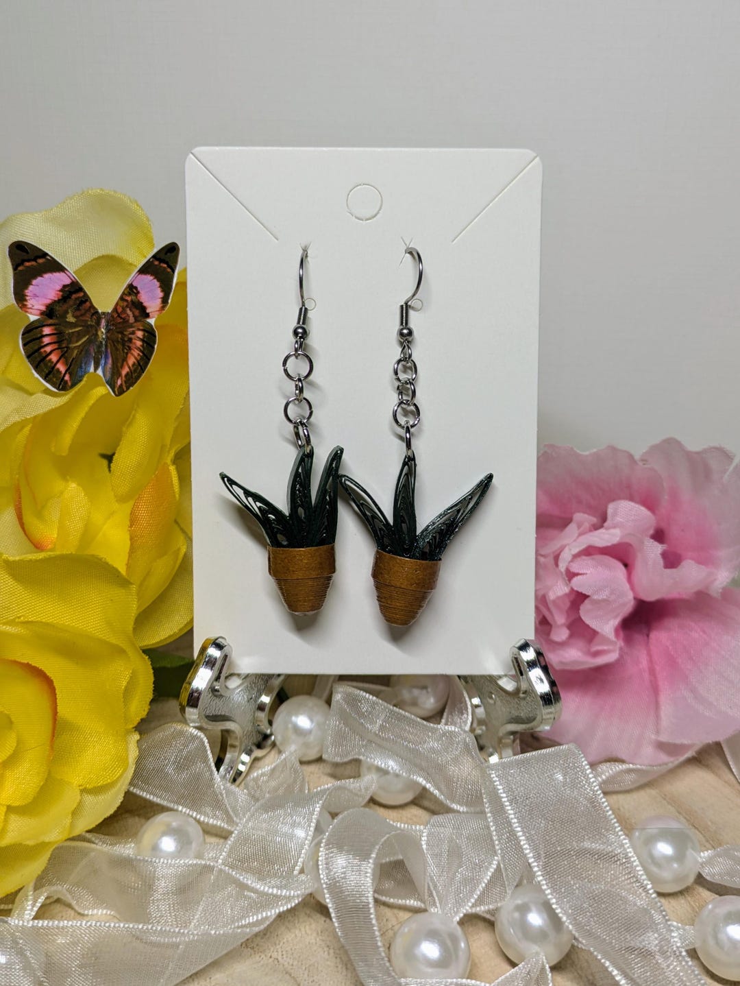 Paper Quilling Potted Plant Dangling Hypoallergenic Hook Earrings - Etsy