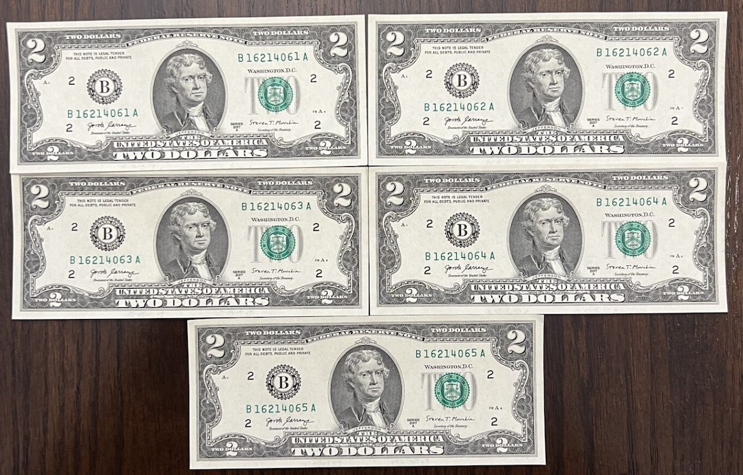 2017 US 2 Dollar Bill Collectible Five Sequential Uncirculated Series ...