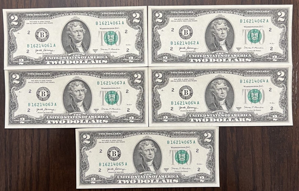 2017 US 2 Dollar Bill Collectible Five Sequential Uncirculated Series ...