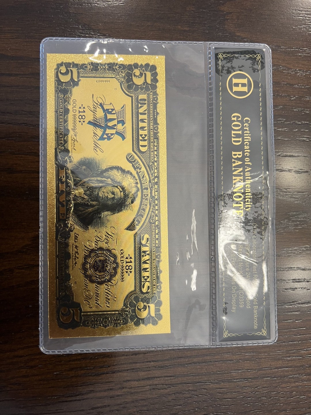 1899 | US 5 Dollar | Gold Foil Banknote | 24k | 99/9% Pure | COA ...