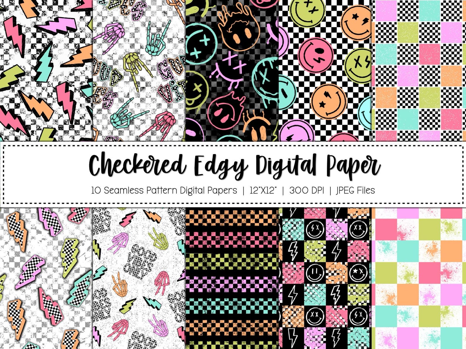 Checkered Lightning Bolt Digital Paper: Punk Rock Seamless Pattern ...