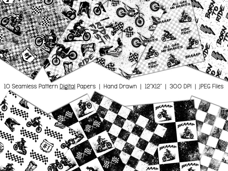 Motocross Digital Paper: Seamless Checkered Dirt Bike Pattern (JPG ...