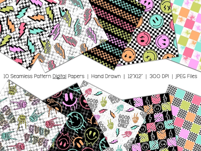 Checkered Lightning Bolt Digital Paper: Punk Rock Seamless Pattern ...