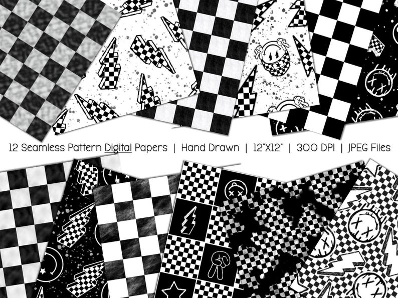 Punk Checkered Digital Paper: Lightning Bolt Pattern (digital Download ...