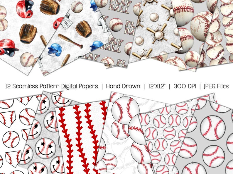 Baseball Digital Paper: Seamless Pattern (digital Download, 12x12 Inch ...