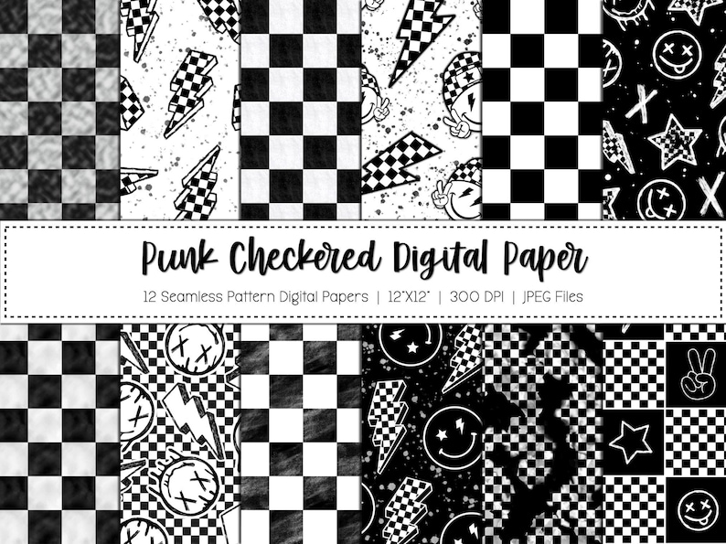 Punk Checkered Digital Paper: Lightning Bolt Pattern (digital Download ...