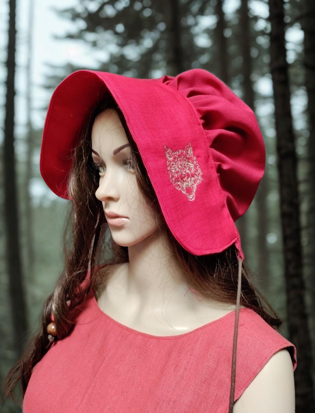 Wolf Little Red Riding Hood Linen Bonnet – Unisex Fairy Tale Hat – Red ...