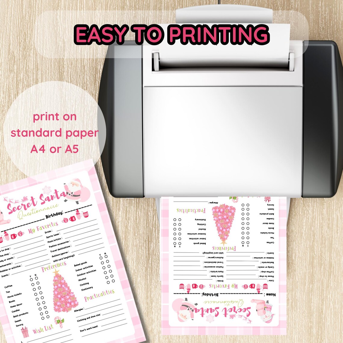 Printable Pink Secret Santa Questionnaire Printable Christmas Planner ...