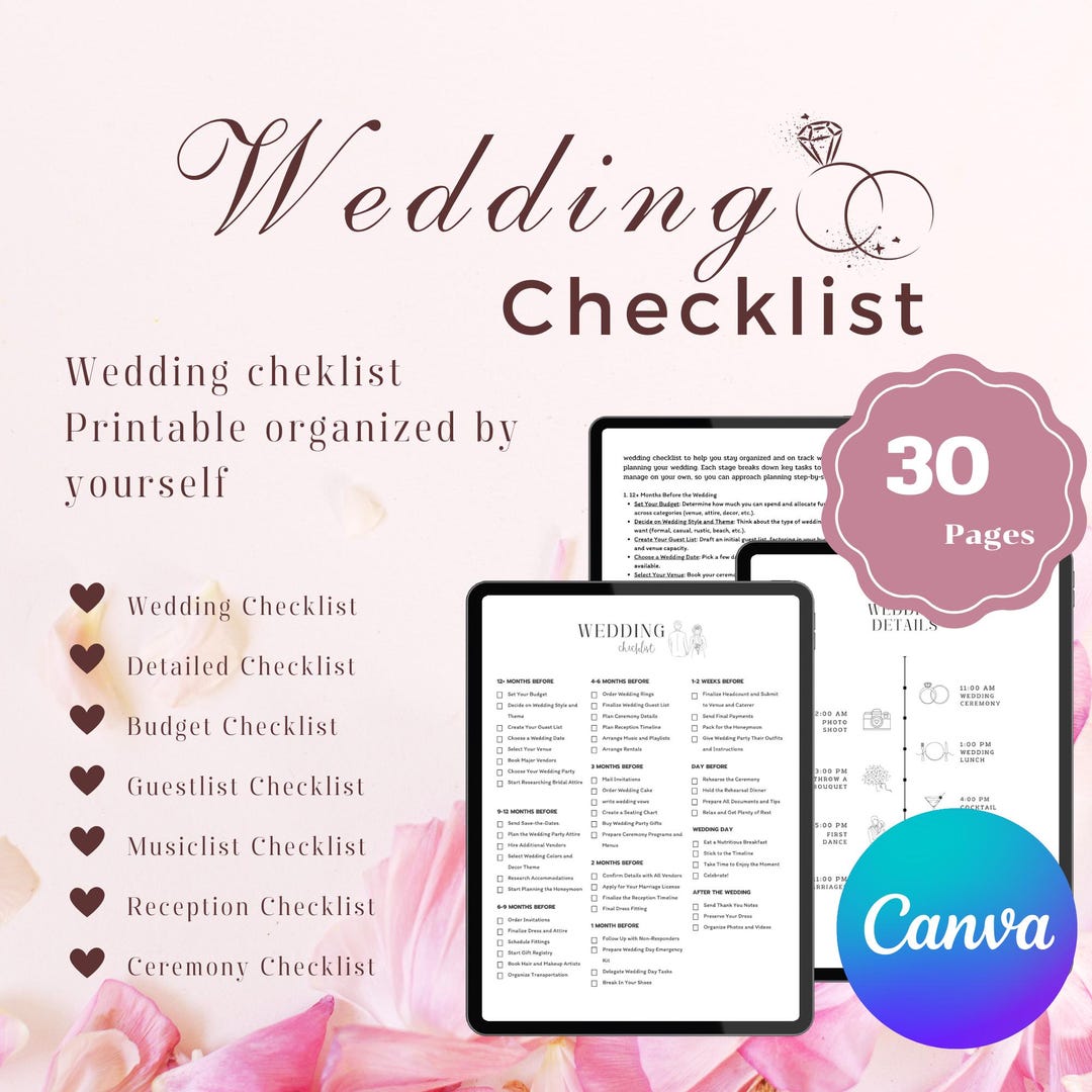 Ultimate Wedding Checklist Bundle Canva Template, Printable Wedding ...