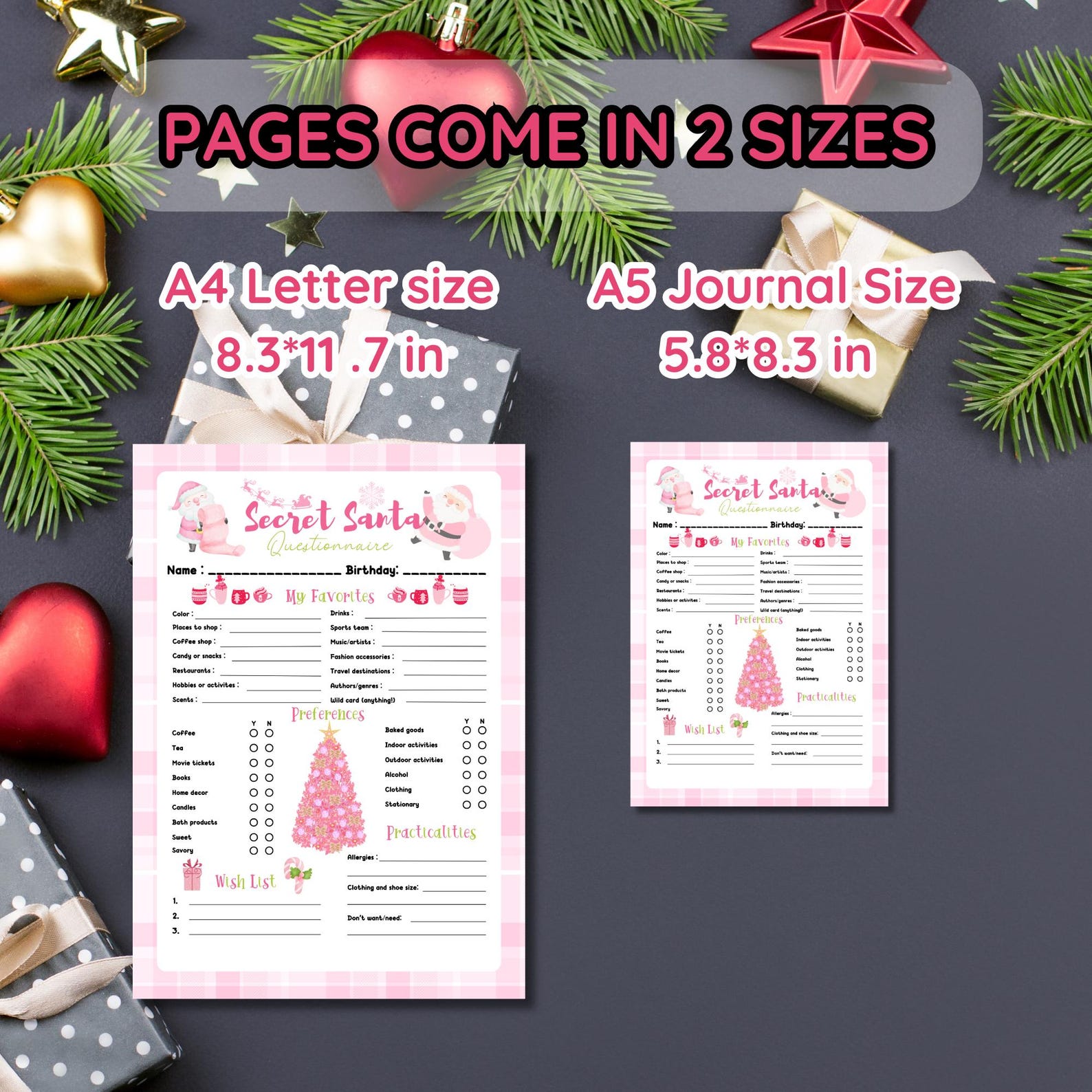 Printable Pink Secret Santa Questionnaire Printable Christmas Planner ...