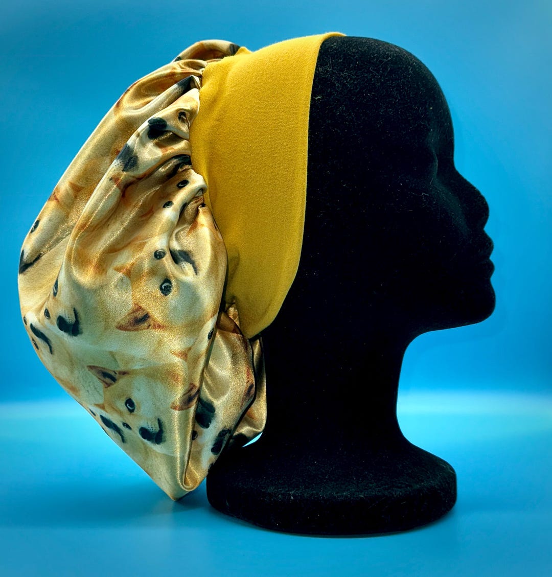 Satin Bonnet | Doge Meme Shibe Print With Yellow Headband and Green ...