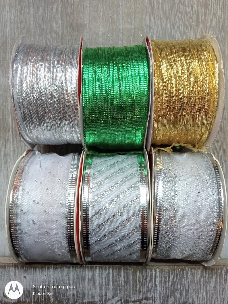 1.5 Gold Silver Metallic Ribbon, Ribbonbin Wired Silver Ribbon, Emerald ...