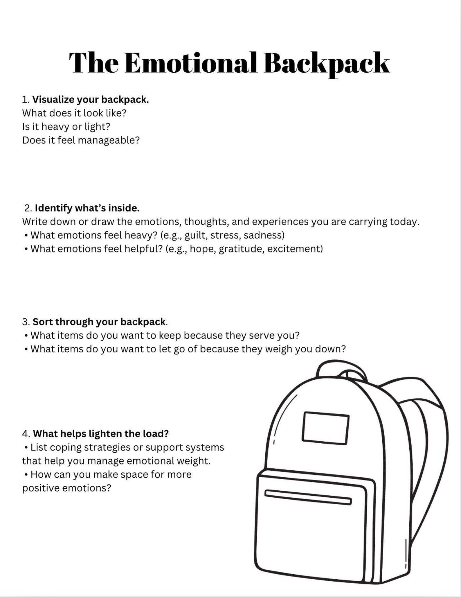 Unpacking Your Emotional Backpack: A Self-reflection Worksheet - Etsy