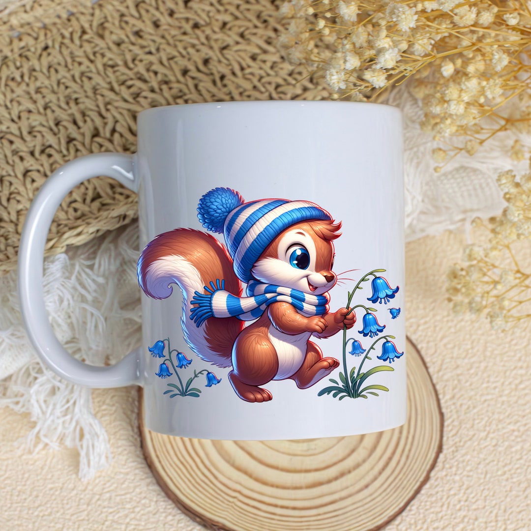 Personalized Squirrel Mug With Custom Name or Date Blue Flowers Gift ...