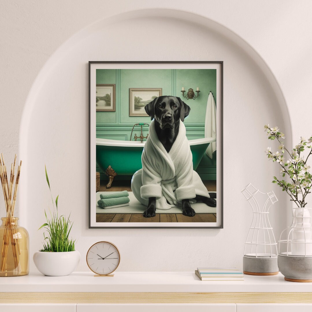 Black Lab Dog in Tub Bathrobe Wall Art, Labrador Retriever in Bathtub ...
