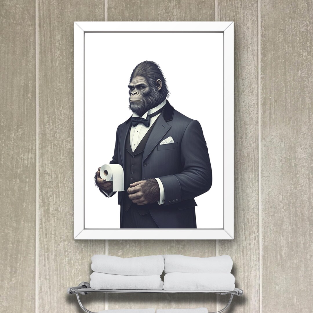 Bigfoot Creature Butler Bathroom Wall Art, Funny Animal Holding Toilet ...