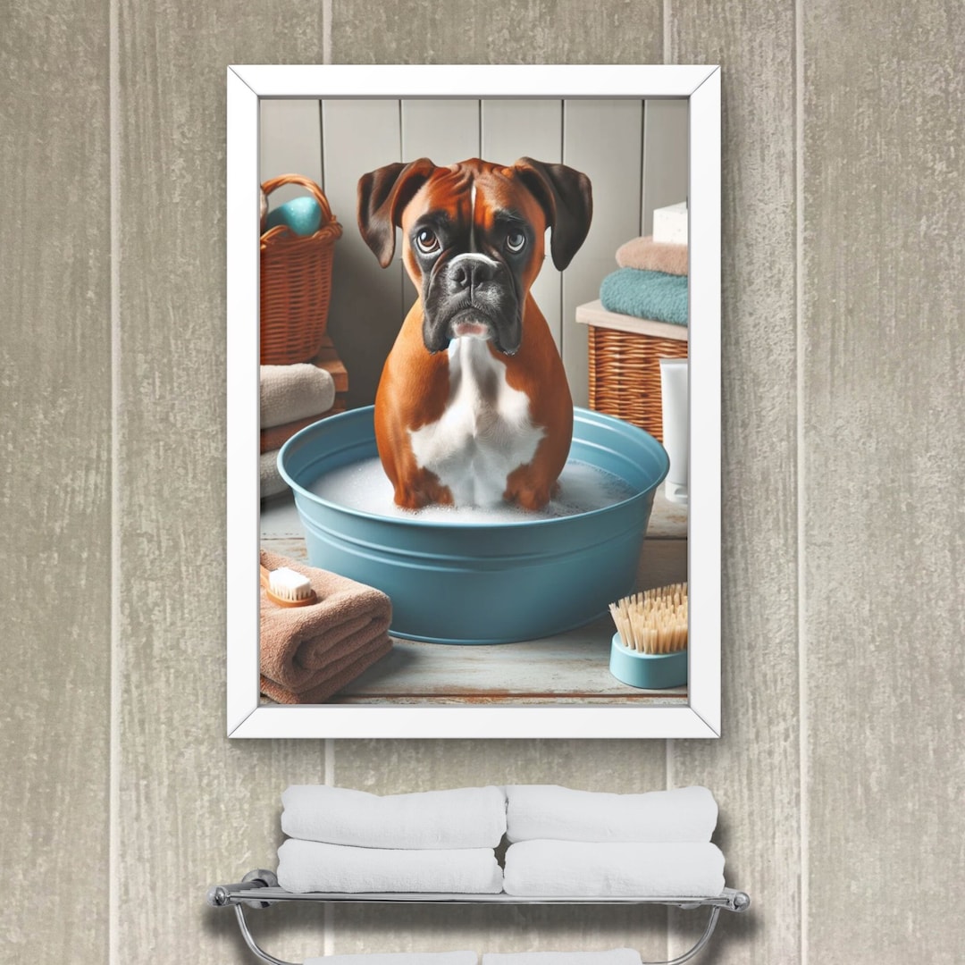 Boxer Dog in Bathtub Print: Whimsical Bathroom Wall Art (digital ...