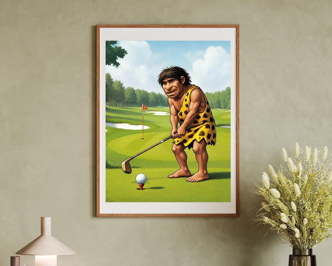 Prehistoric Caveman Playing Golf Wall Art, Golfing Wall Decor, Kids ...
