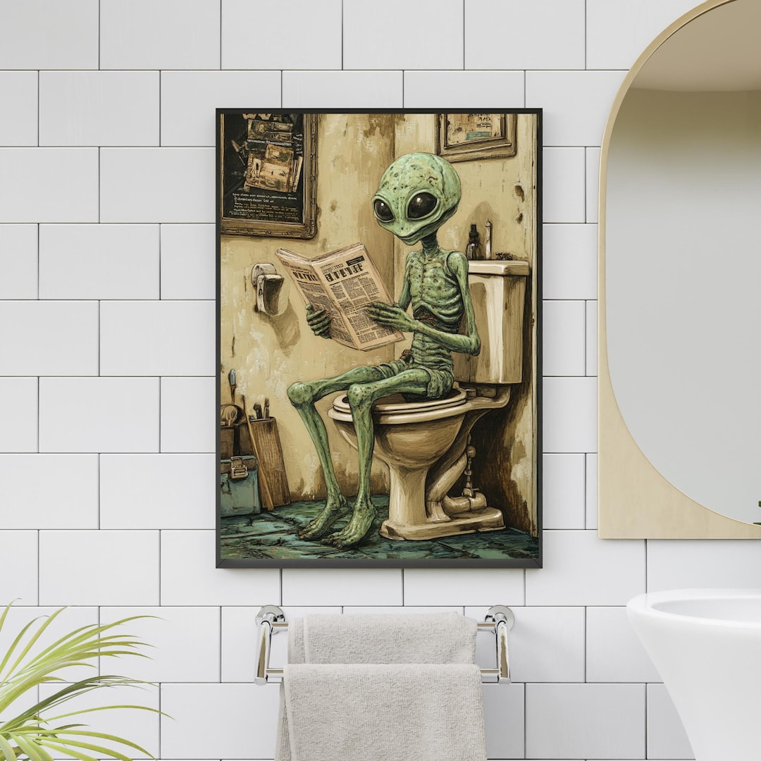 Alien Bathroom Print: UFO Reading Newspaper, Sci-fi Wall Art (digital ...