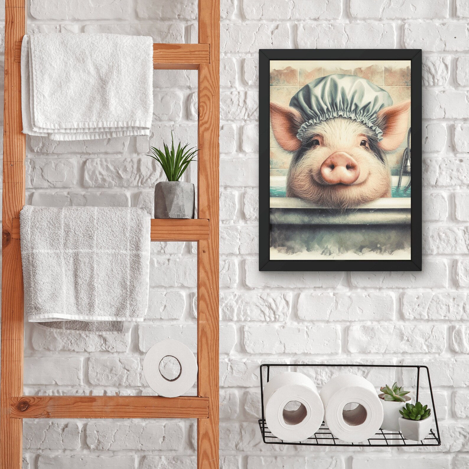 Piglet in Tub Bathroom Wall Art Pig in Bathtub Wall Decor, Kids Wall ...