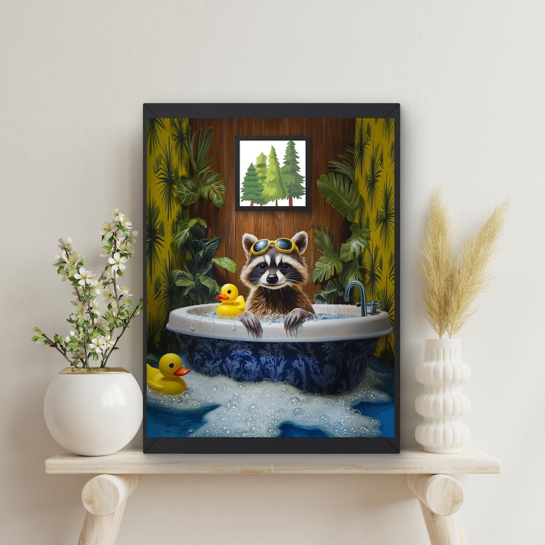 Raccoon in Tub Bathroom Wall Art, Raccoon Taking a Bath, Kids Wall Art ...