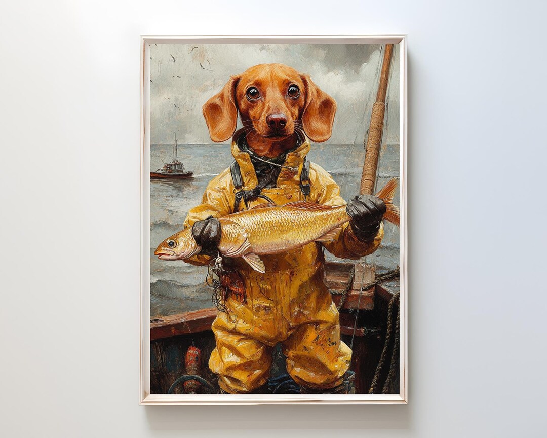 Dachshund Weenie Dog Wall Art, Fisherman in Boat Decor, Deep Sea ...
