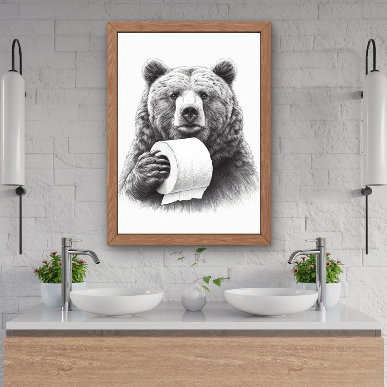 Grizzly Bear Bathroom Wall Art, Decor Bathroom Art for Kids, Minimalist ...
