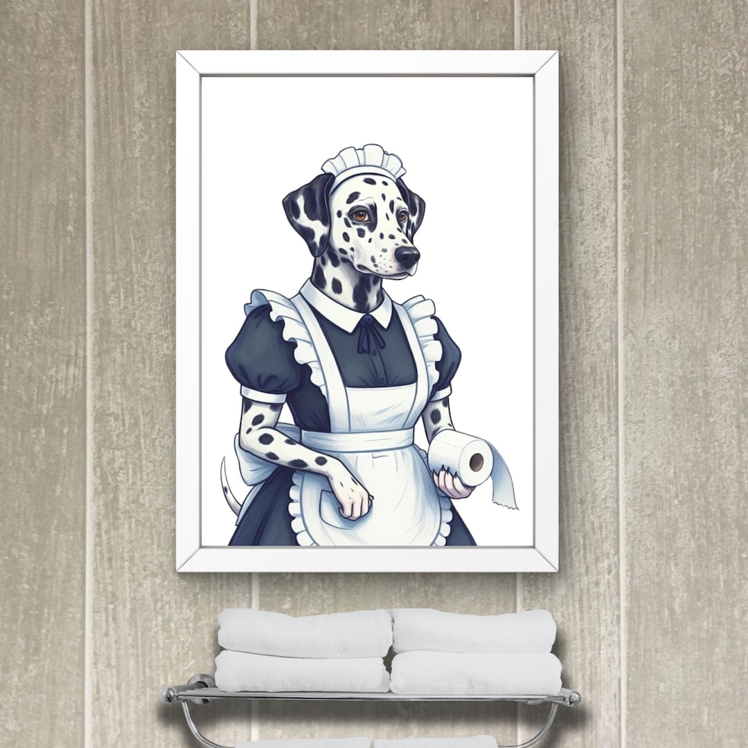 Dalmatian Dog Maid Bathroom Wall Art, Cute Silly Animal Holding Toilet ...