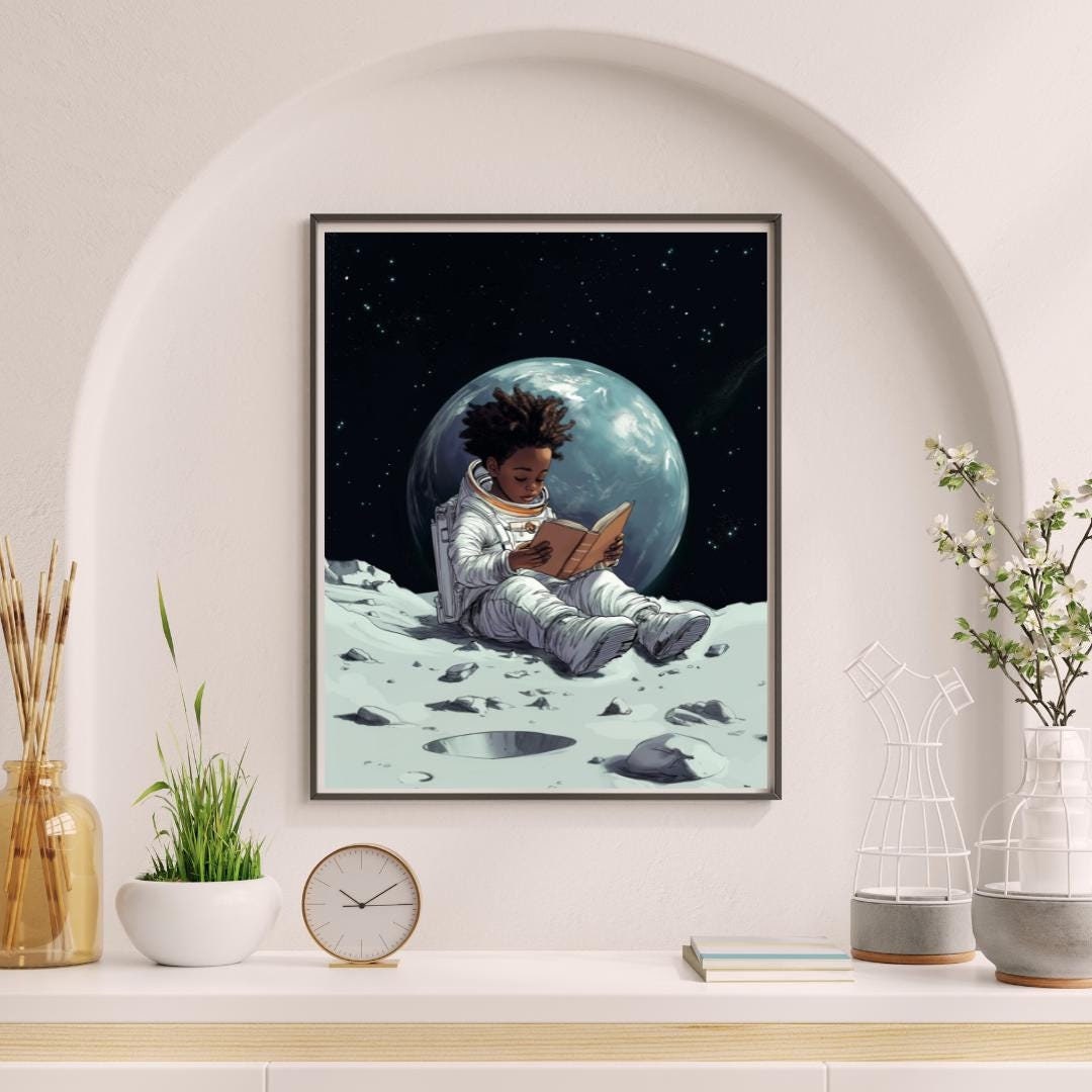 Black Boy Astronaut Reading on the Moon Art Print (digital Download) # ...