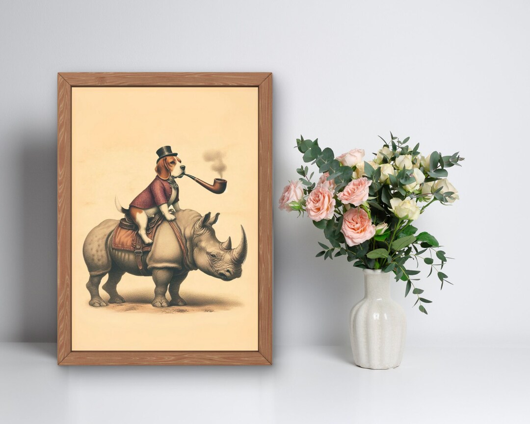 Beagle Dog Riding Rhinoceros Vintage Collage Print Dog Smoking Pipe on ...