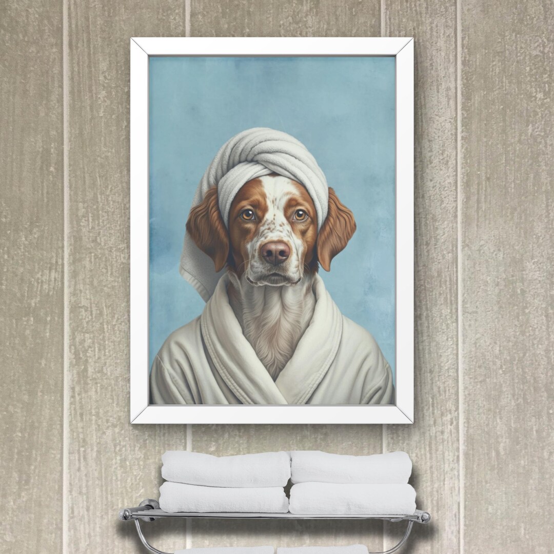 Brittany Spaniel Dog Bathroom Spa Wall Art, Dog in Bathrobe and Head ...