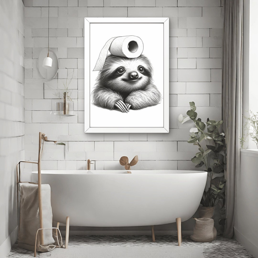 Sloth Bathroom Print: Toilet Paper on Head Wall Art, Bathroom Decor ...
