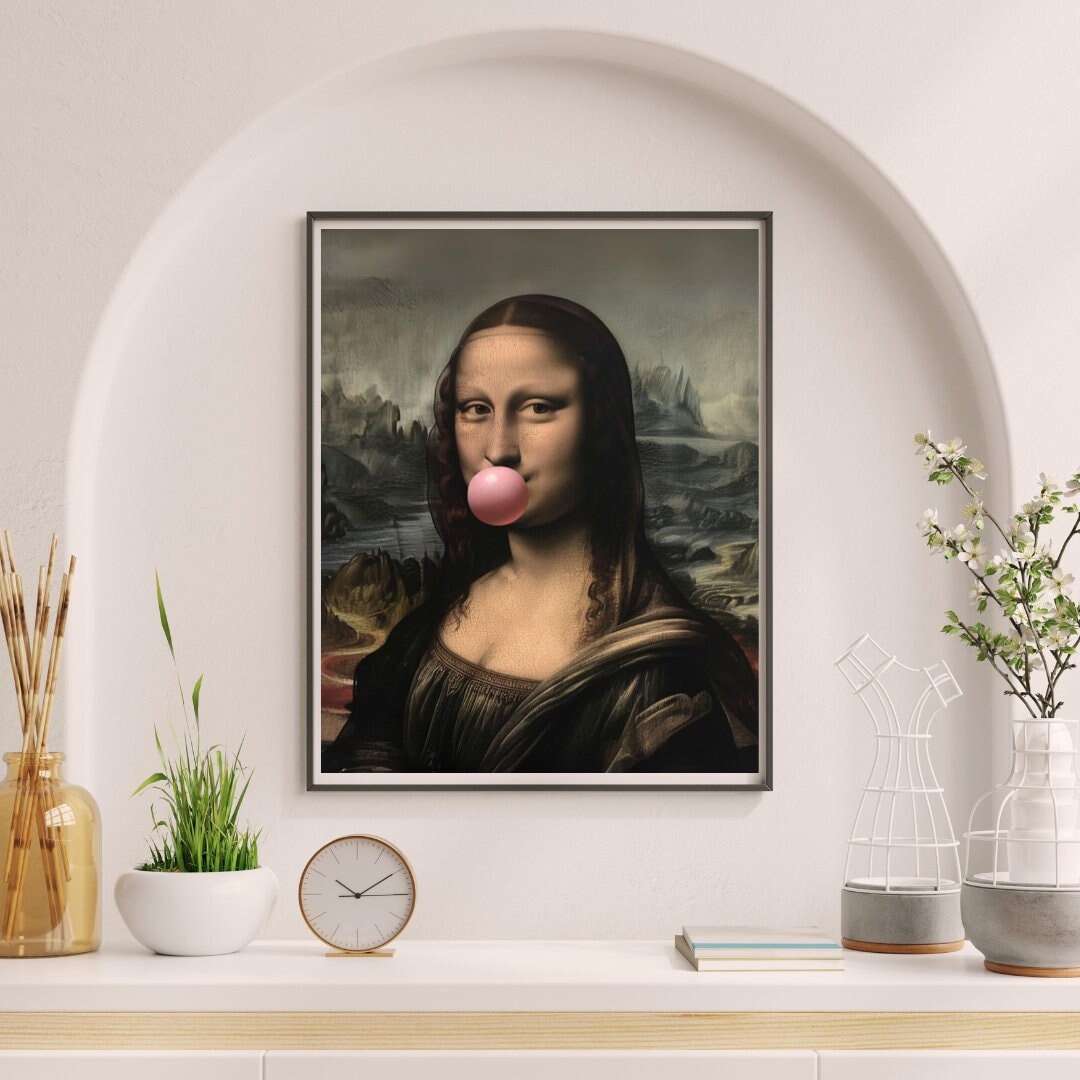 Parody Mona Lisa Wall Art Decor Blowing Pink Bubblegum Bubble Vintage ...