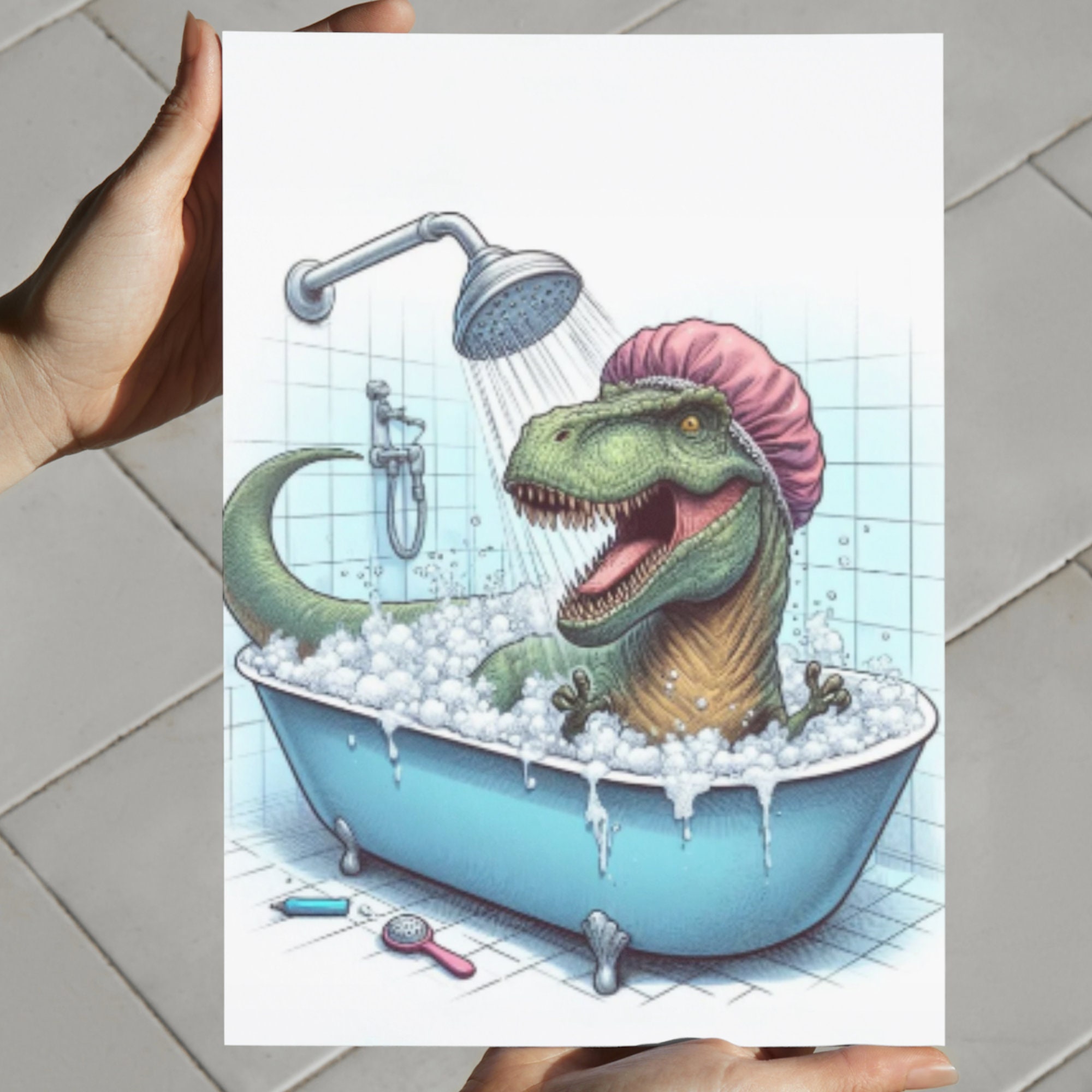 T-rex Dinosaur in Tub Bathroom Wall Art, T-rex in Bathtub Wall Decor ...