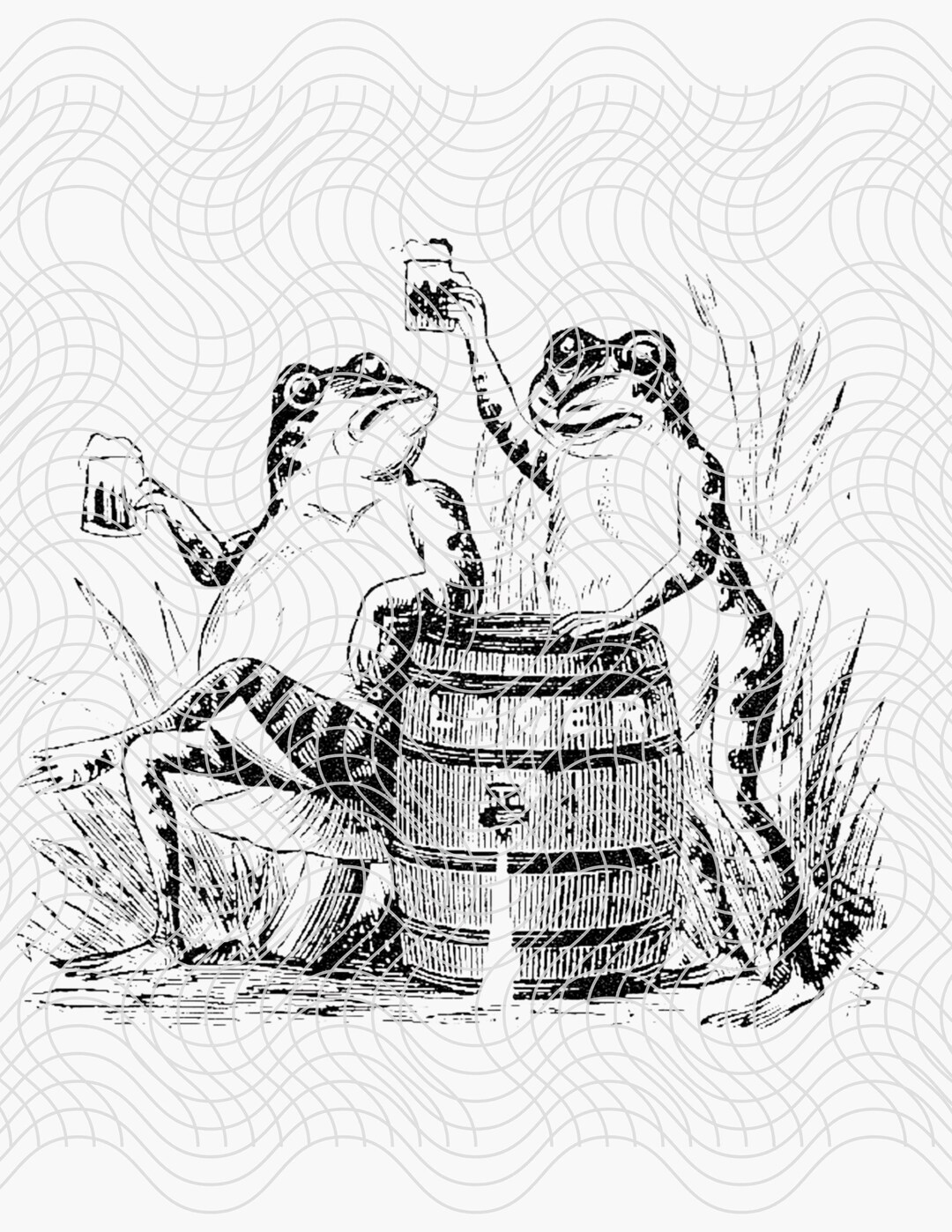 Frogs on Beer Barrel Toasting, Cheers, Antique Design Vintage Clipart ...