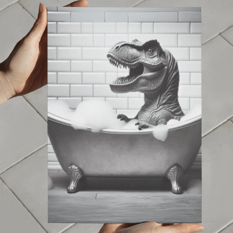 T-rex in Tub Print: Dinosaur Bathroom Wall Art, Tyrannosaurus Rex Guest ...