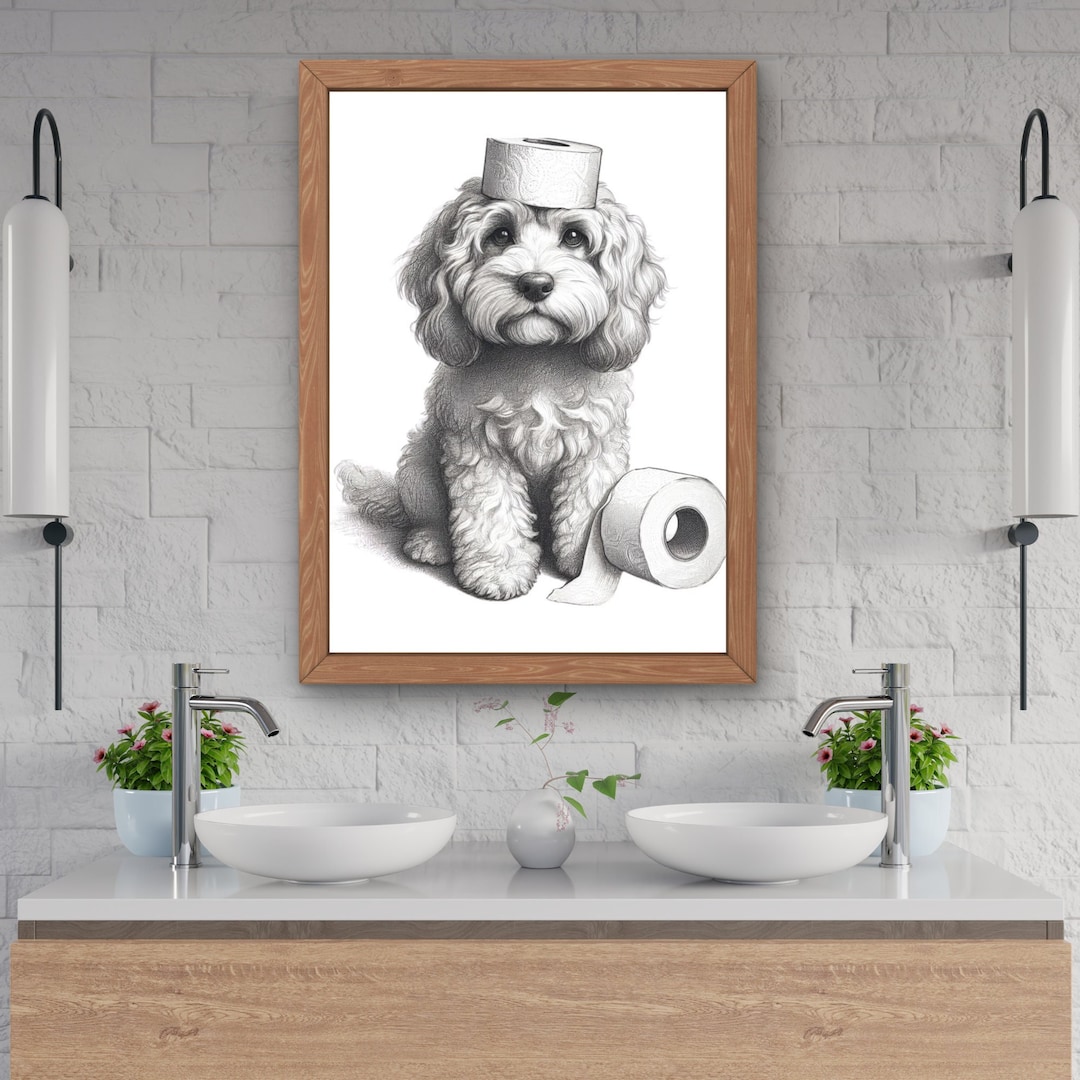 Cockapoo Dog Bathroom Wall Art, Cockapoo With Toilet Paper on Head Wall ...