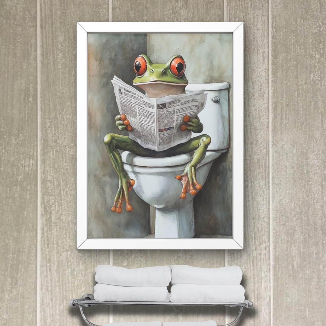 Red-eyed Tree Frog Bathroom Print: Reading Newspaper Wall Art (digital ...