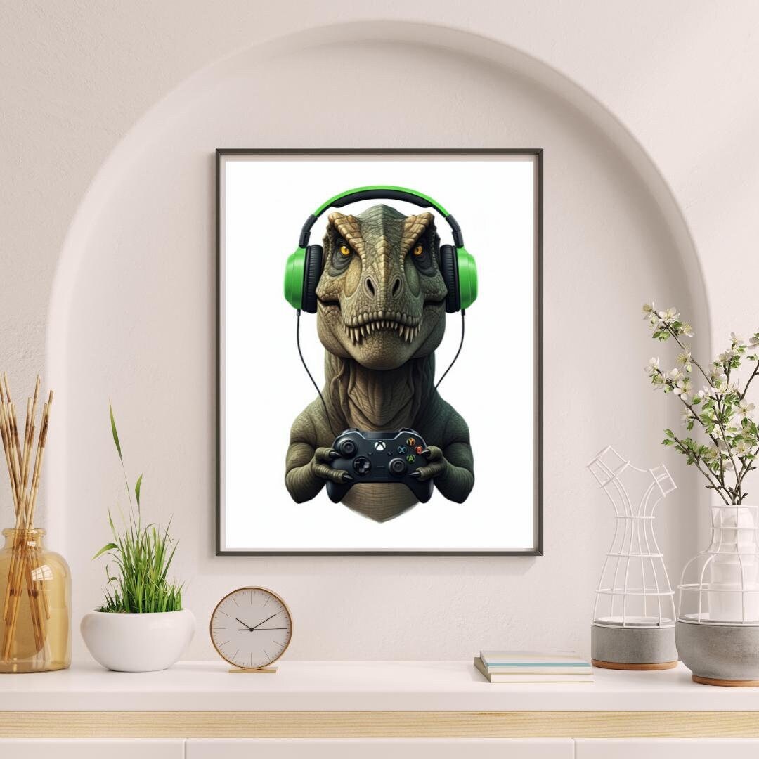 Dinosaur Gaming Print, T-rex Poster, Dino Xbox Wall Art, Gamer Gift ...