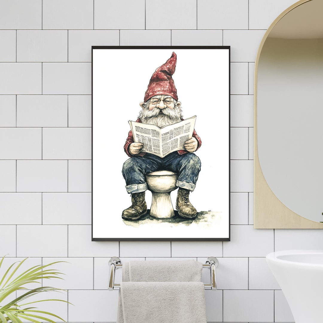 Garden Gnome on Toilet Bathroom Wall Art, Gnome on Toilet Reading ...