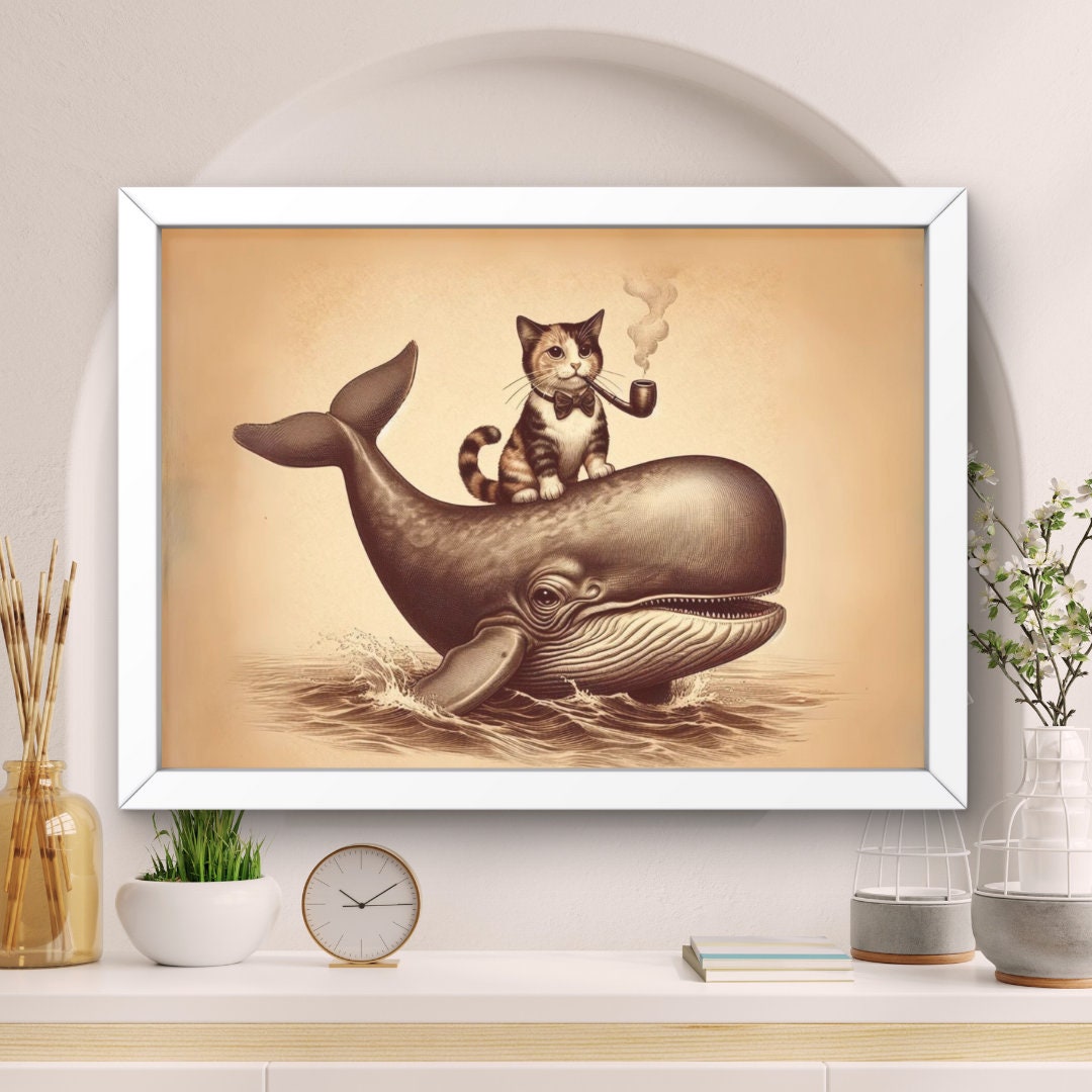Calico Cat Riding Whale Vintage Collage Print Cat Smoking Pipe on ...